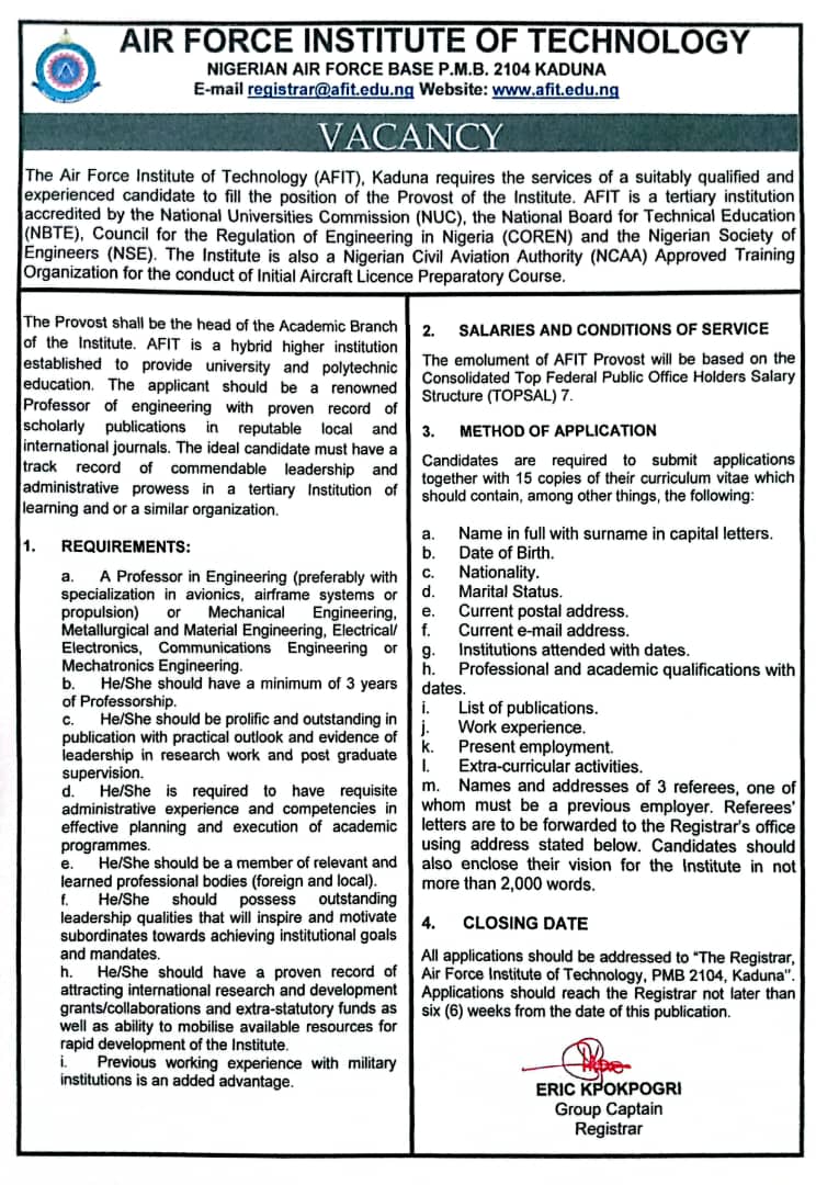 VACANCY – AIR FORCE INSTITUTE OF TECHNOLOGY, KADUNA